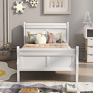 CJLMN Wood Bed Frame Twin Size Platform Bed with Headboard Footboard Wooden Slat Support Mattress Foundation Bedroom Furniture (White)