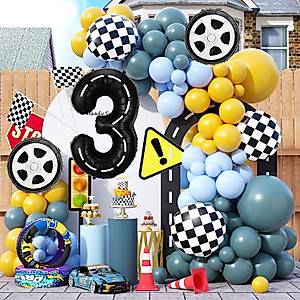 Race Car Birthday Balloons Decorations, 40 Inch Racetrack Black Number 3 Balloon, Eostankr Large Mylar Black 3 Balloon for 3st Birthday Race Car Theme Party Decor Supplies 7 Pcs