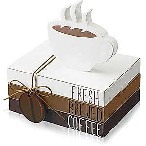 4 Pieces Mini Coffee Bar Sign Decor Accessories Coffee Tiered Tray Décor, Wooden Book Stacks Rustic Farmhouse Coffee Table Sign for Tiered Tray Decor