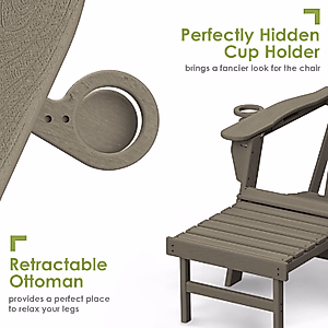 GREENVINES Folding Adjustable Backrest Adirondack Chairs with Ottoman | Set of 2 | Wood Grain | HDPE All-Weather Reclining Firepit Chair | Cup Holders & Footrest | Grey