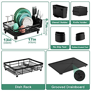 MOUKABAL Dish Drying Rack, Dish Rack,Dish Racks for Kitchen Counter,Dish Drainer with Removable Utensil Holder,Dish Drying Rack with Drainboard and Swivel Spout(Black)