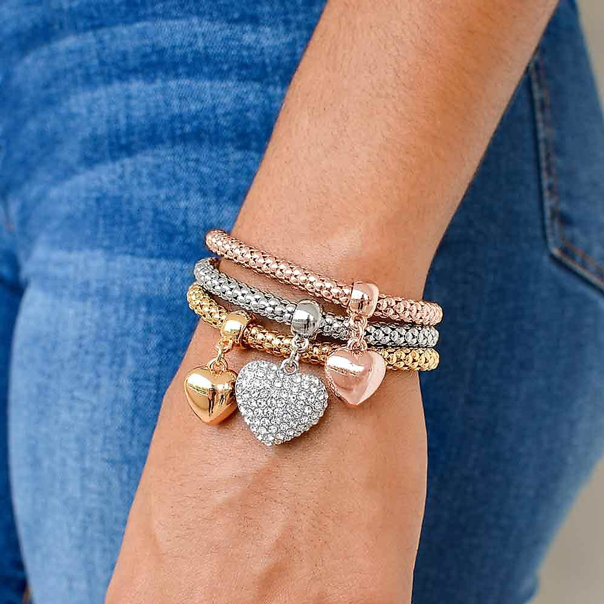 SILANER Crystal Charms Multilayer Bracelets - 3PCS Gold/Silver/Rose Gold Corn Chain Bracelet for Women, Tree of Life Heart Shaped Stretch Bracelet(Solid Hearts Charm)