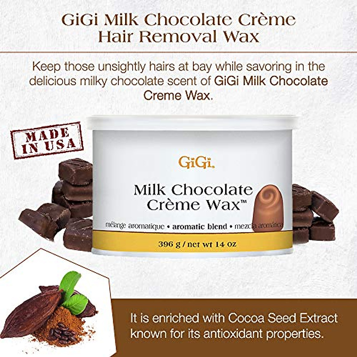 GiGi Milk Chocolate Crème Hair Removal Soft Wax with Cocoa Seed Extract for Coarse to Resistant Hair - 14 oz