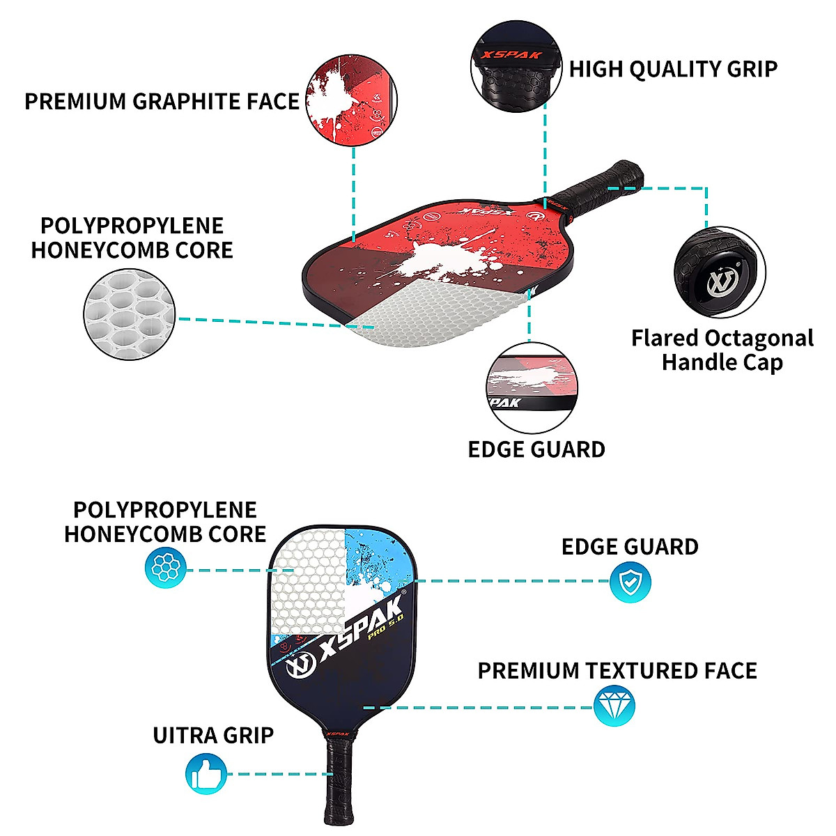 XS XSPAK Pickleball Paddles Set of 4, USAPA Premium Graphite Craft and Fiberglass Polymer Honeycomb Core, Lightweight Pickleball Rackets Including Portable Carry Bag, 4 Balls for Indoor & Outdoors