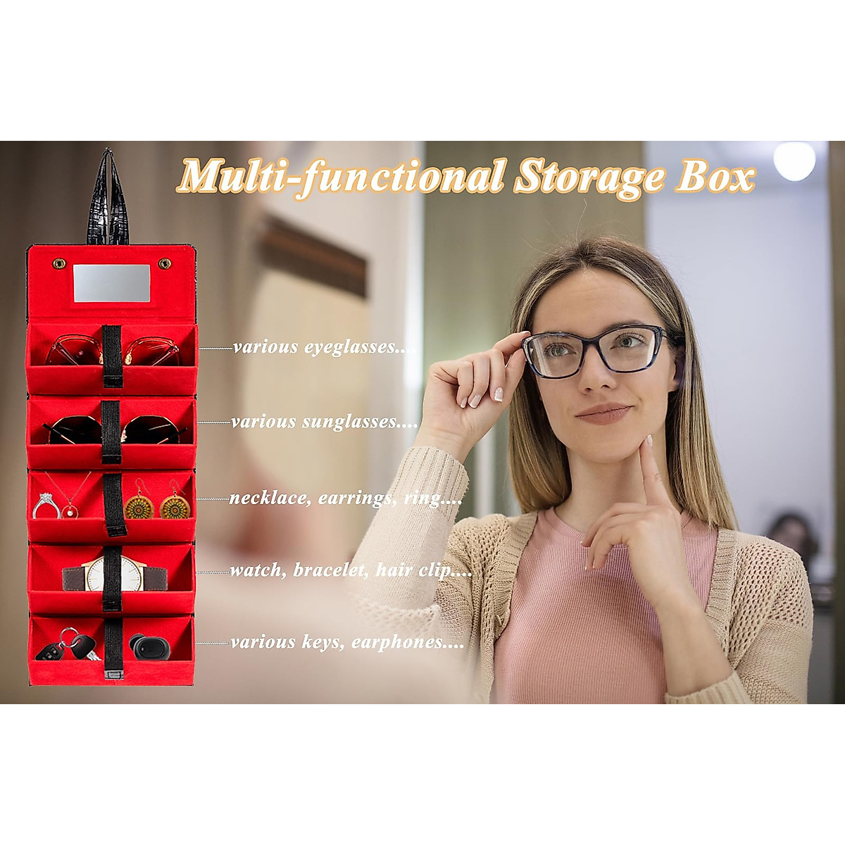 Travel Sunglasses Organizer Case Sunglass Travel Case Multiple Pairs Travel Glasses Case Eyeglasses Storage Holder Box 5 Slot for Women Men(Black+Red)