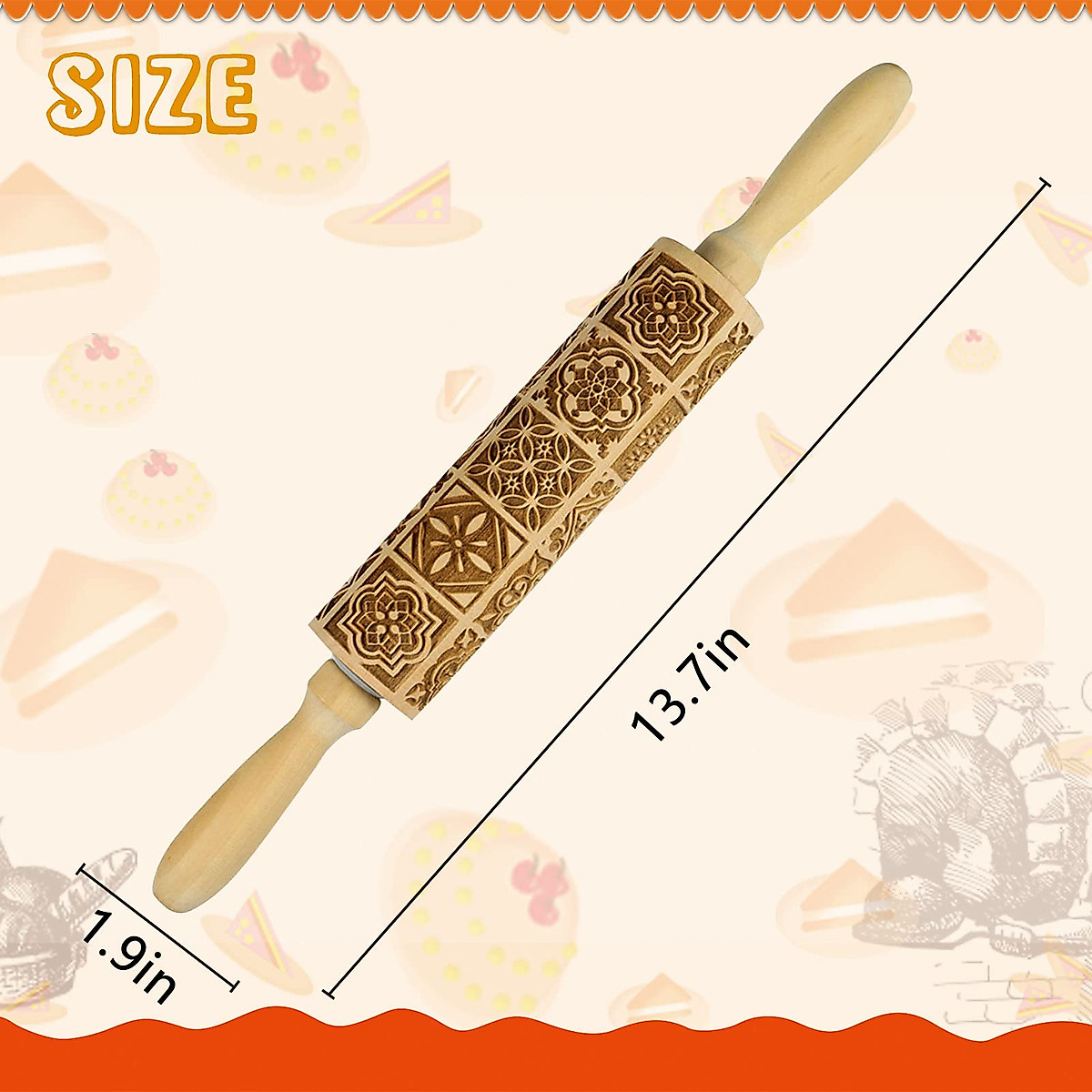 Wooden Embossed Rolling Pin for Baking Embossed Cookies Deep Engraved Rolling Pin Kitchen Decor Tools(2pcs)