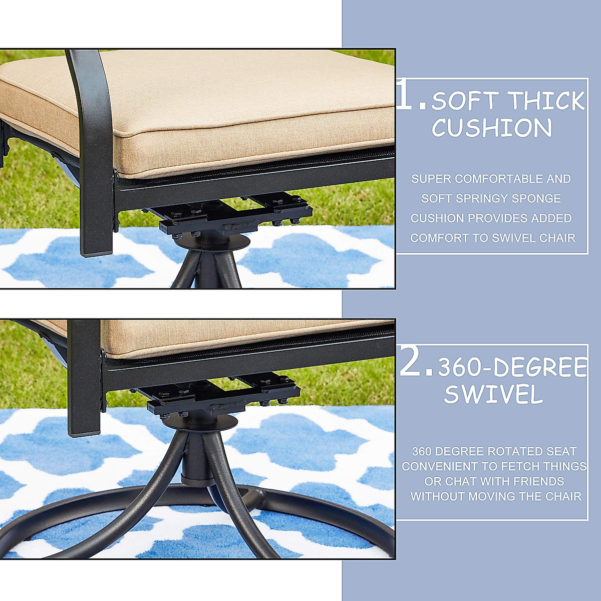 LOKATSE HOME 3 Pieces Patio Swivel Set Outdoor Metal Steel Furniture with 2 Dinning Chairs and Umbrella Side Square Table, Beige