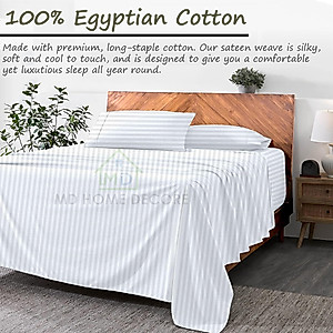 Extra Deep Pocket Sheets (4-Piece) 100% Egyptian Cotton 400 Thread Count Bed Sheet Set 22 inch Deep Pocket of Fitted Sheet with Elastic All Around (Queen, White Stripe)