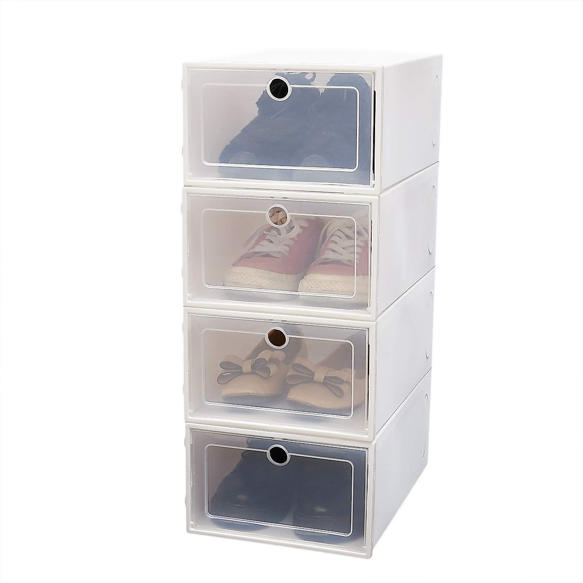 Flhonudi 24 Pack Shoe Storage Boxes Shoe Boxes with Door Shoe Plastic Stackable Shoe Organizer Boxes Multifunctional Sneaker Organizer Drop Front Shoe Box Easy Assembly