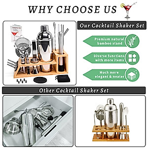 28Pcs Cocktail Shaker Set Bartender Kit with Bamboo Stand, Stainless Steel Martini Shaker and Jigger, Bartending Bar Tool Set with Velvet Carry Bag & Recipe Book for Drink Mixing, Home, Bar, Party