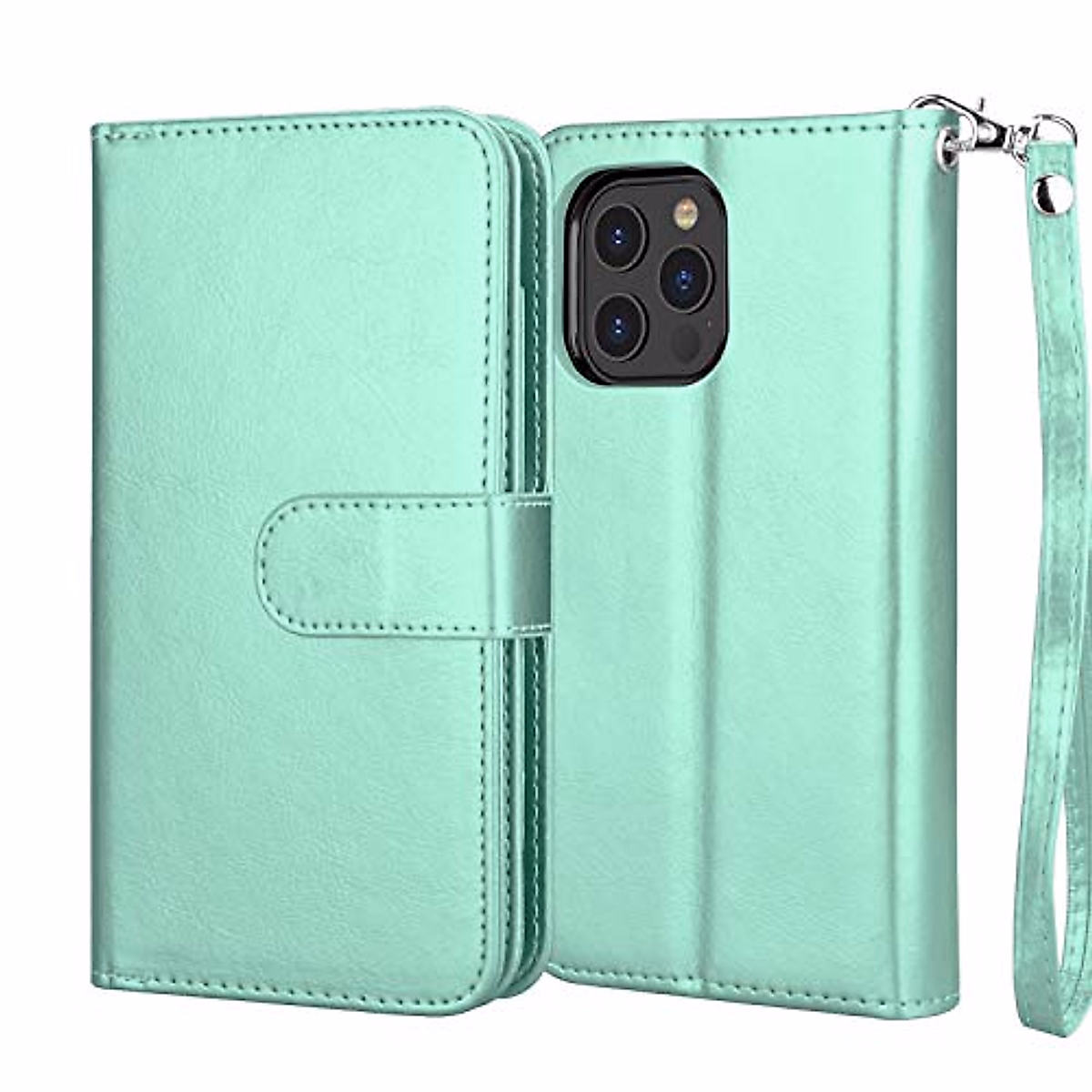 Njjex Compatible with iPhone 12 Mini Case/iPhone 12 Mini Wallet Case 5.4" (2020), [9 Card Slots] PU Leather ID Credit Holder Folio Flip [Detachable] Kickstand Magnetic Phone Cover & Lanyard -Turquoise