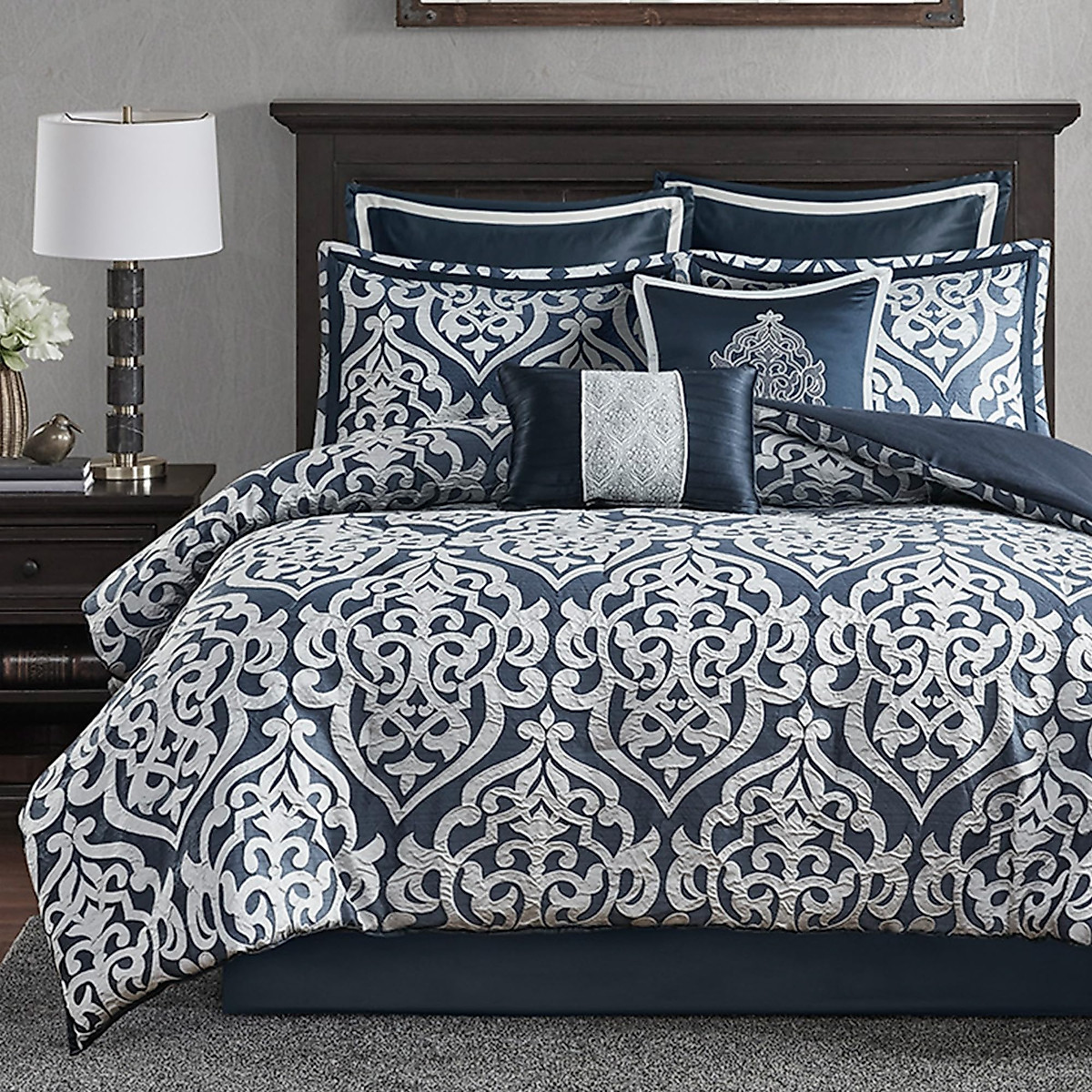 Madison Park Odette Cozy Comforter Set Jacquard Damask Medallion Design - Modern All Season, Down Alternative Bedding, Shams, Decorative Pillows, King(104 in x 92 in), Navy 8 Piece