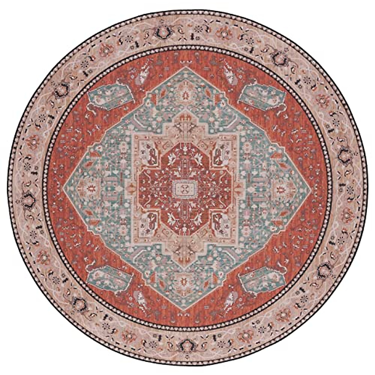 SAFAVIEH Tucson Collection Area Rug - 4' Round, Aqua & Rust, Traditional Persian Design, Non-Shedding Machine Washable & Slip Resistant Ideal for High Traffic Areas in Living Room, Bedroom (TSN150J)