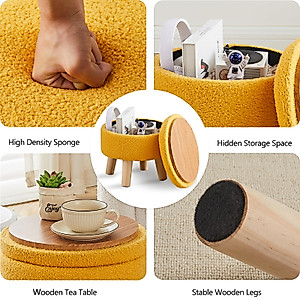 Wimarsbon Storage Ottoman, Modern Round Footrest with Soft Padded Seat, Teddy Velvet Footstool with Wood Legs, Accent Small Table or Plant Stand for Hallway, Living Room (Brilliant Yellow)