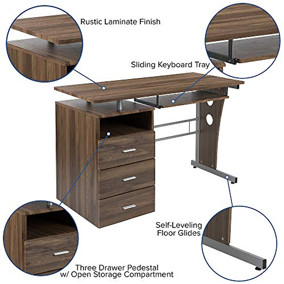 F&F Furniture Group 47.25" Brown Contemporary Desk with Three Drawer Pedestal and Pull-Out Keyboard Tray