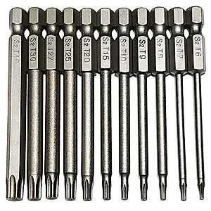 YDLQWCZ Security Torx Bit 11 Pieces 1/4 Inch Hex Shank T6 T7 T8 T9 T10 T15 T20 T25 T27 T30 T40 3 Inch Length S2 Steel Torx Head Screwdriver Drill Set (11pcs 75mm Torx Head)