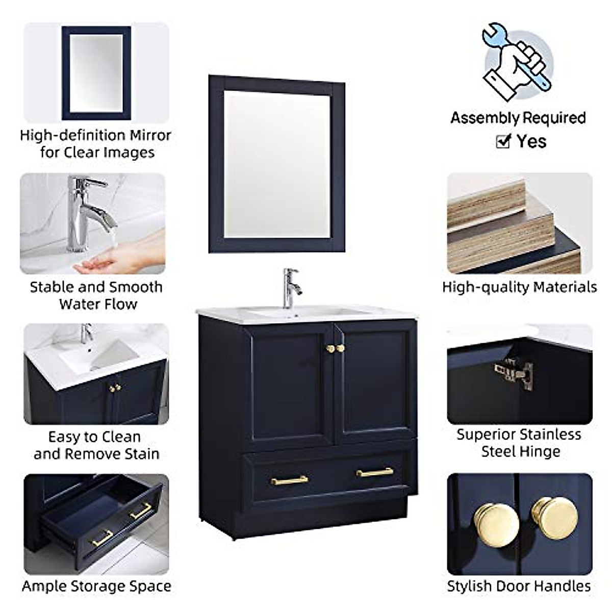 walsport Bathroom Vanity with Sink 32" Navy Cabinet White Undermount Ceramic Vessel Sink Vanities Set Chorme Faucet Drain with Mirror