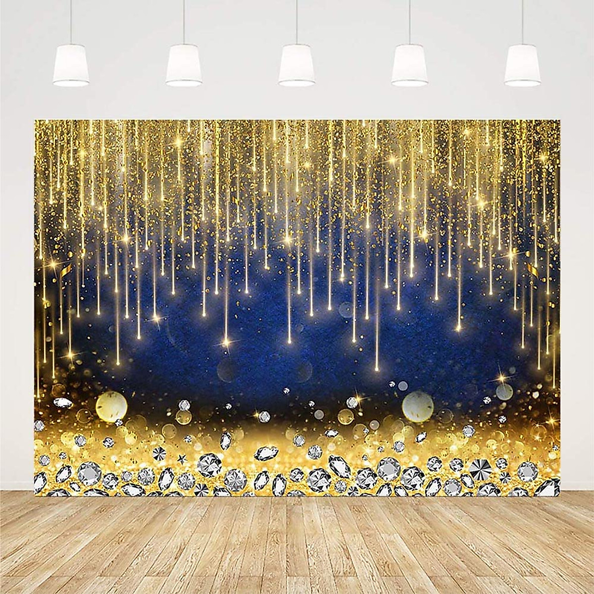 AIBIIN 7x5ft Royal Blue Gold Glitter Backdrop Gold Sparkle Bokeh Spot Diamond Birthday Boy Girl Homecoming Prom Graduation Wedding Bridal Shower Photography Background Party Decorations Banner Props