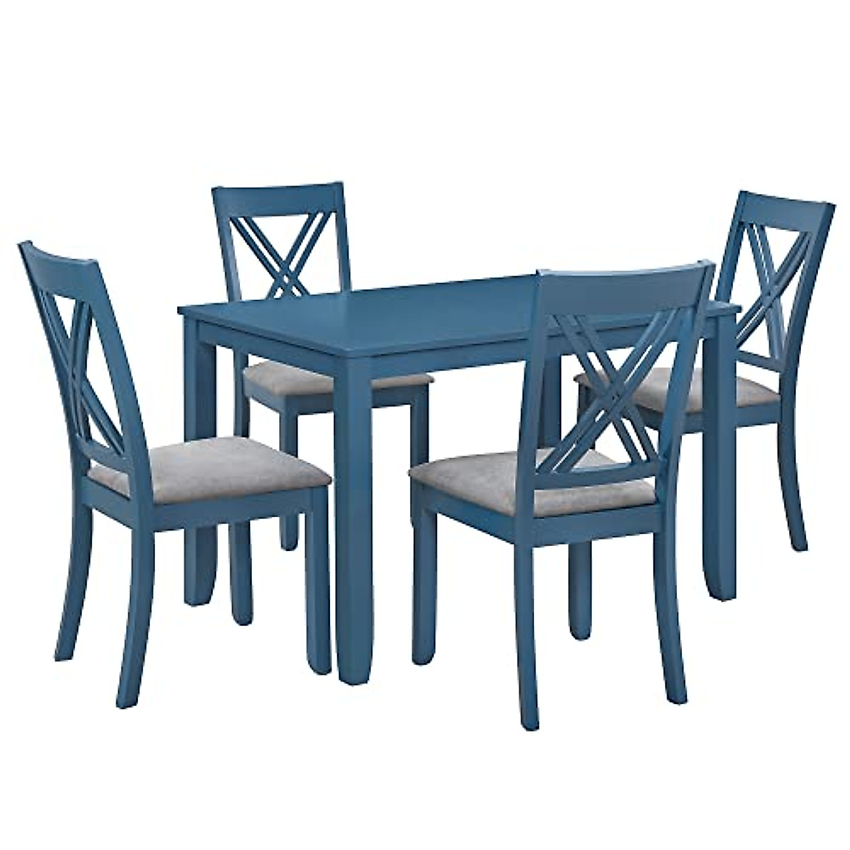 Bellemave 5 Piece Dining Table Set, Kitchen Dining Table with 4 X-Back Chairs, Wooden Dining Table and Upholstered Chair Set, Farmhouse Dining Room Set for 4 Persons (Blue)