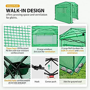 EAGLE PEAK 8x6 Portable Walk-in Greenhouse Instant Pop-up Indoor Outdoor Plant Gardening Green House Canopy, Front and Rear Roll-Up Zipper Entry Doors and 2 Large Roll-Up Side Windows, Green
