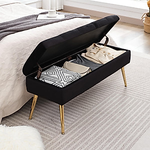 TENLLEY Storage Bench-Entryway Bench,Ottoman for Bedroom End of Bed,Modern Velvet Benche Bedroom Benches for Foot of Bed,Upholstered Bench with Golden Legs 40" Black