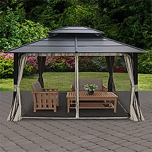 ADUH 12 Ft. W X 14 Ft. D Metal Black 2-Tier Double Roof Patio Gazebo with Curtains and Netting (Color : D, Size : 12 Ft. W X 14 Ft)