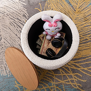 ONEVOG Beige Storage Ottoman with Wooden Lid, Tufted Boucle Fabric, Round Side Table Pouf, Small Vanity Seat Stool, Storage Footstool Chair for Living Room, Bedroom