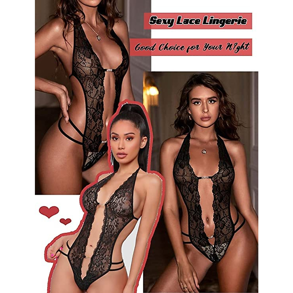 Avidlove Lingerie for Women Halter Lace Bodysuit Teddy V Neck Babydoll Sexy Sleepwear Black Large