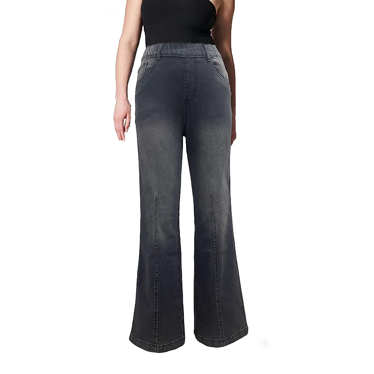 2023 New Wide Leg Jeans for Women, Oprah Favorite Jeans, Seamed Front Wide Leg Jeans Elastic Waist (X-Large, Black)