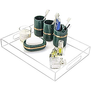 Durable Acrylic Tray Breakfast Serving Tray - 5MM Thick Big Rectangular Waterproof Acrylic Serving Platter with Handles for Coffee, Tea, Food -Elegant Acrylic Decorative Tray (Clear Tray-16''x12'')