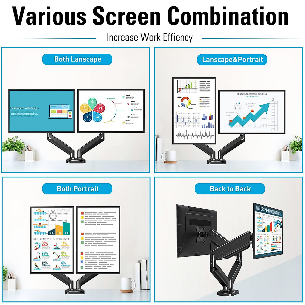 MOUNTUP Gas Spring Triple Monitor Stand + Full Motion Dual Monitor Desk Mount Bundle
