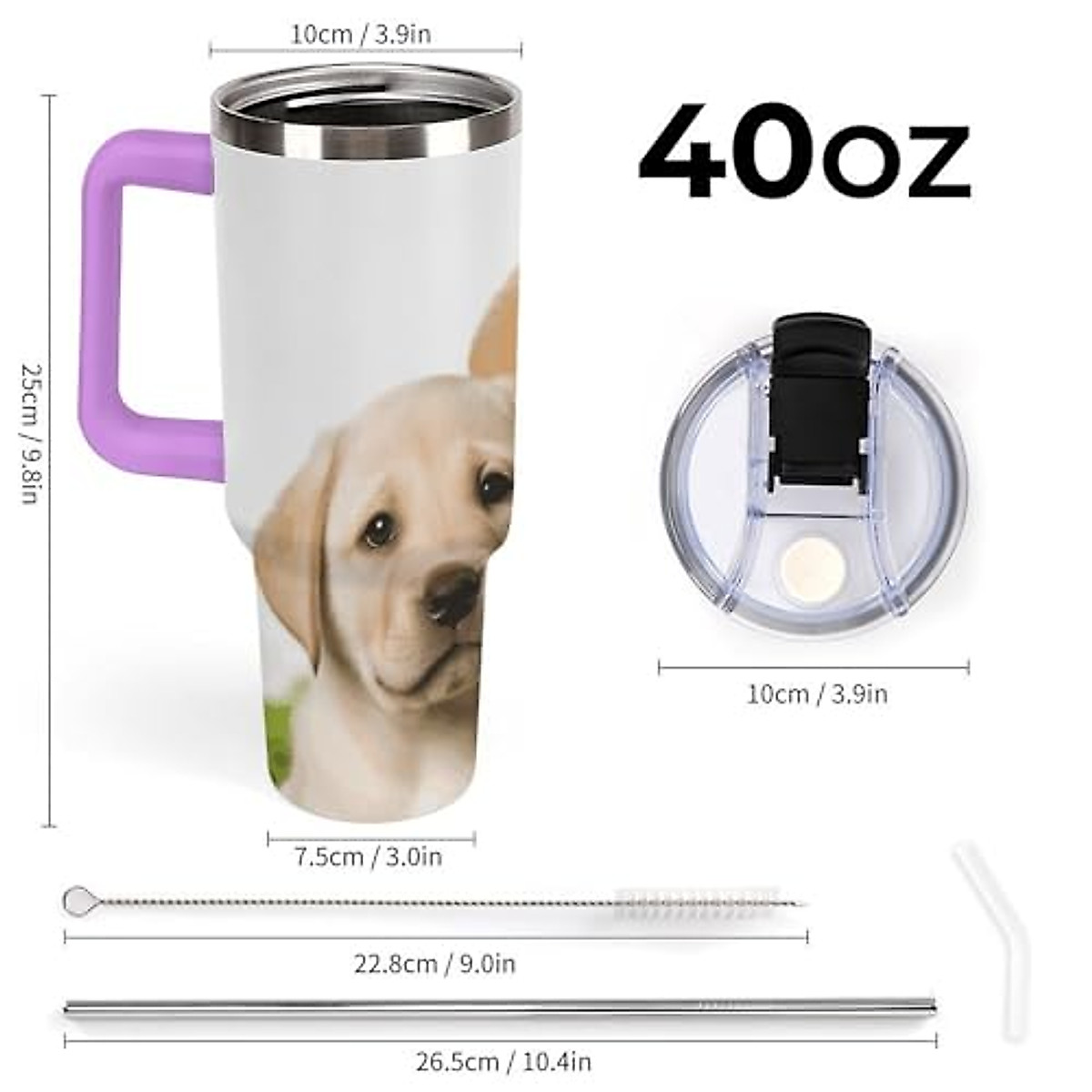 LLUTSNTH 40 Oz Vacuum Tumbler with Violet Handle Leakproof Insulated Tumbler Funny Labrador Puppy Dog Stainless Steel Travel Mug with Lid And Straw Coffee Cup Cute Water Bottles Cup Holder Friendly