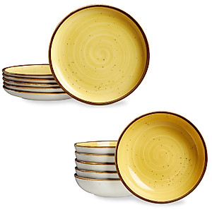ONEMORE 10.5 inch Dinner Plates and 30 oz Pasta Bowls Bundle - Microwave, Oven and Dishwasher Safe - Yellow