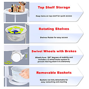 Octopus 360 4 Tier Rolling cart Kitchen Organization Plastic Rotating Fruit Basket Teacher Classroom Supplies Organizer Makeup Storage Hair Salon Trolley Swivel Lockable Wheels Bar