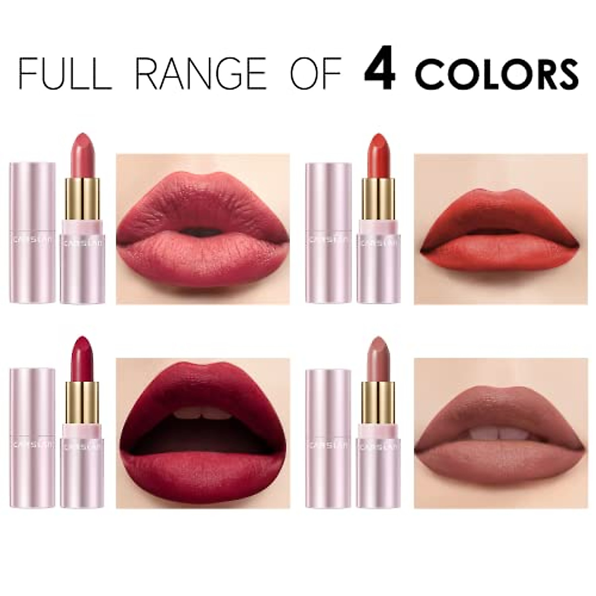 CARSLAN 4pcs Lustrous Lipstick Red Lip Gift Box Cream Finish Long-Lasting Hydrating Lipstick Non-Sticky for Women