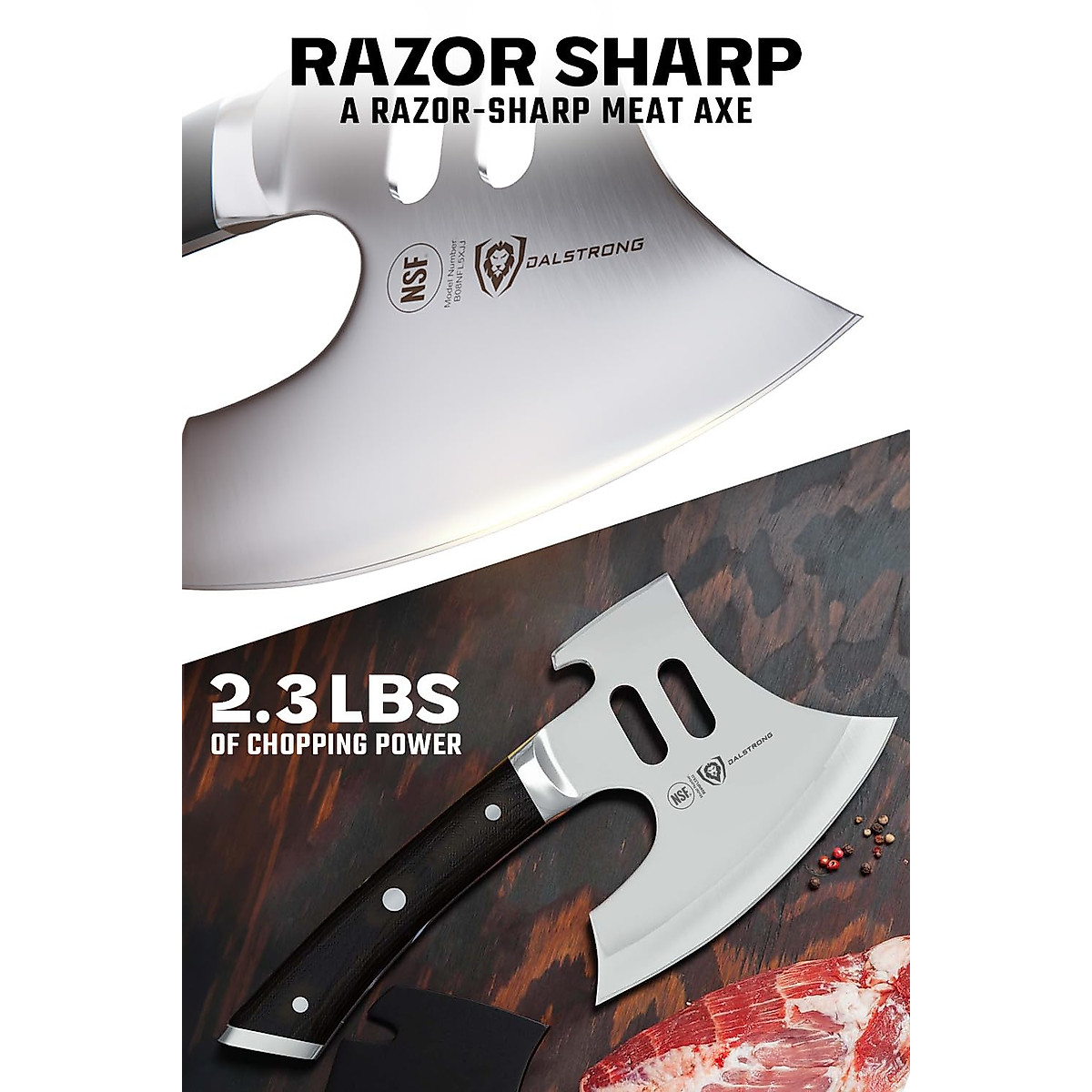 Dalstrong Meat Chopper Axe - 8 inch - Heavy-Duty Giftable Butcher Cleaver Knife - The Punisher - Gladiator Series Elite R - Black G10 Handle - Stand and Sheath