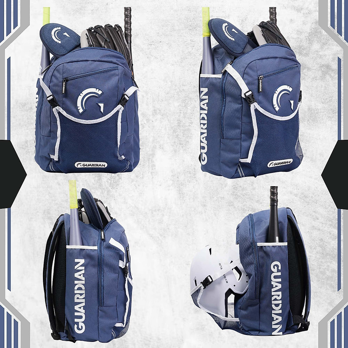 Guardian Baseball Backpack for Youth, Softball Bag for Girls, Durable Bat Bags Baseball Youth Boys and Girls, TBall Bag – Includes Hook to Hang on Fence - Navy/White