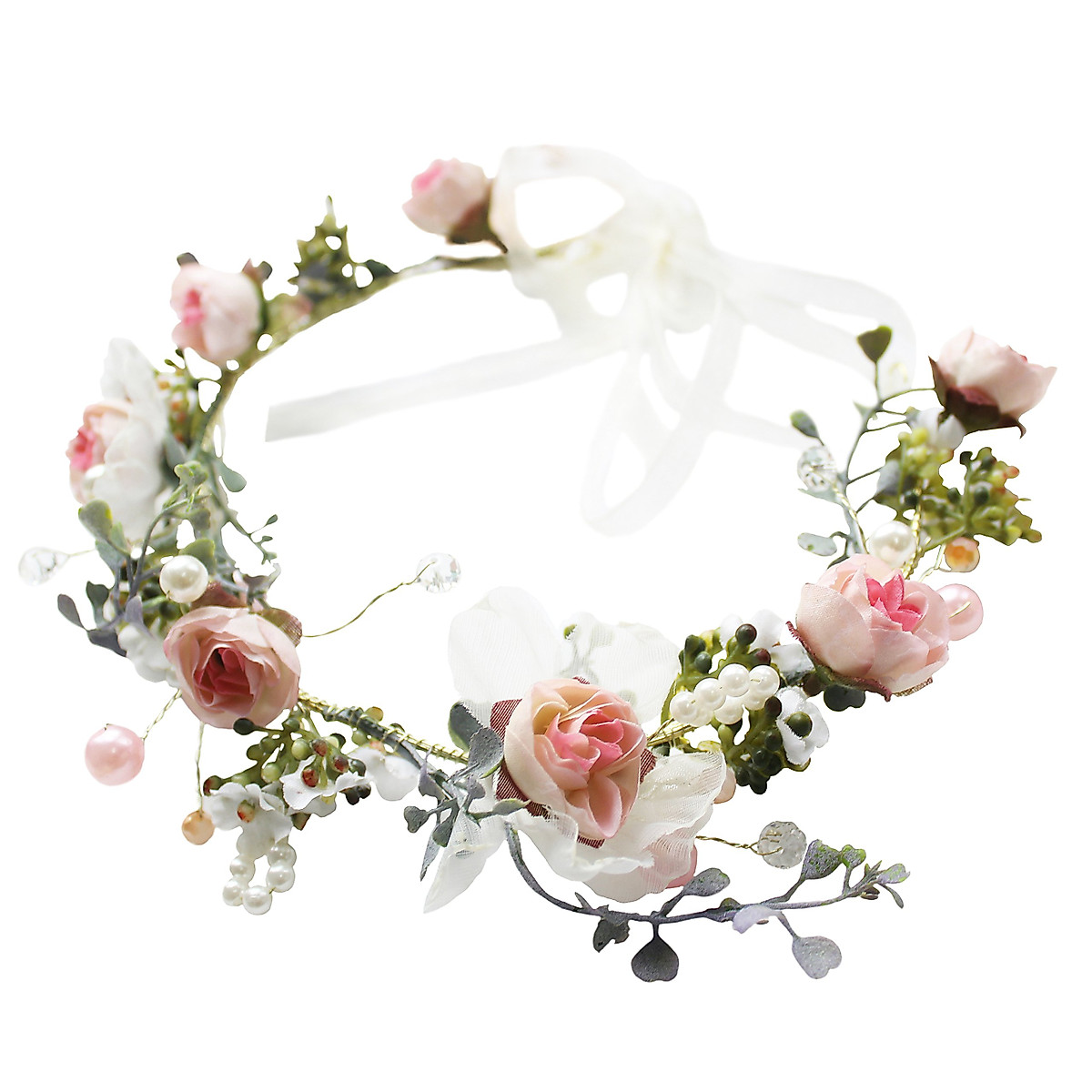 Vivivalue Floral Halo Boho Flower Headband Floral Crown Headpiece Hair Wreath with Ribbon Wedding Party Prom Photos Festival Pink