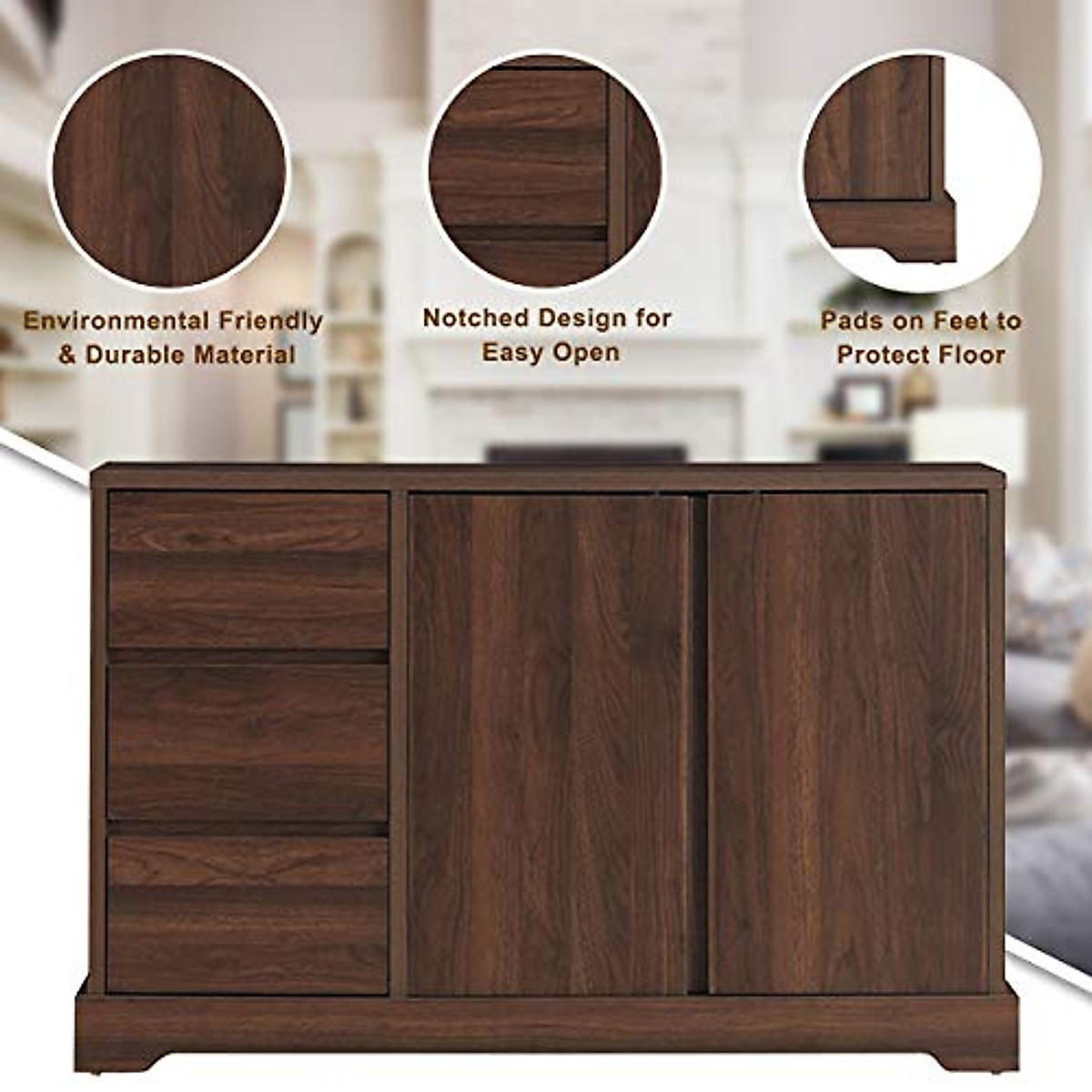 Giantex Buffet Sideboard, Storage Console Table with 3 Drawers and 2-Door Cabinets, Buffet Server Cupboard for Kitchen, Dining Room, Living Room, Entryway, Walnut (46.5”LX 15.5”WX 30.5”H)