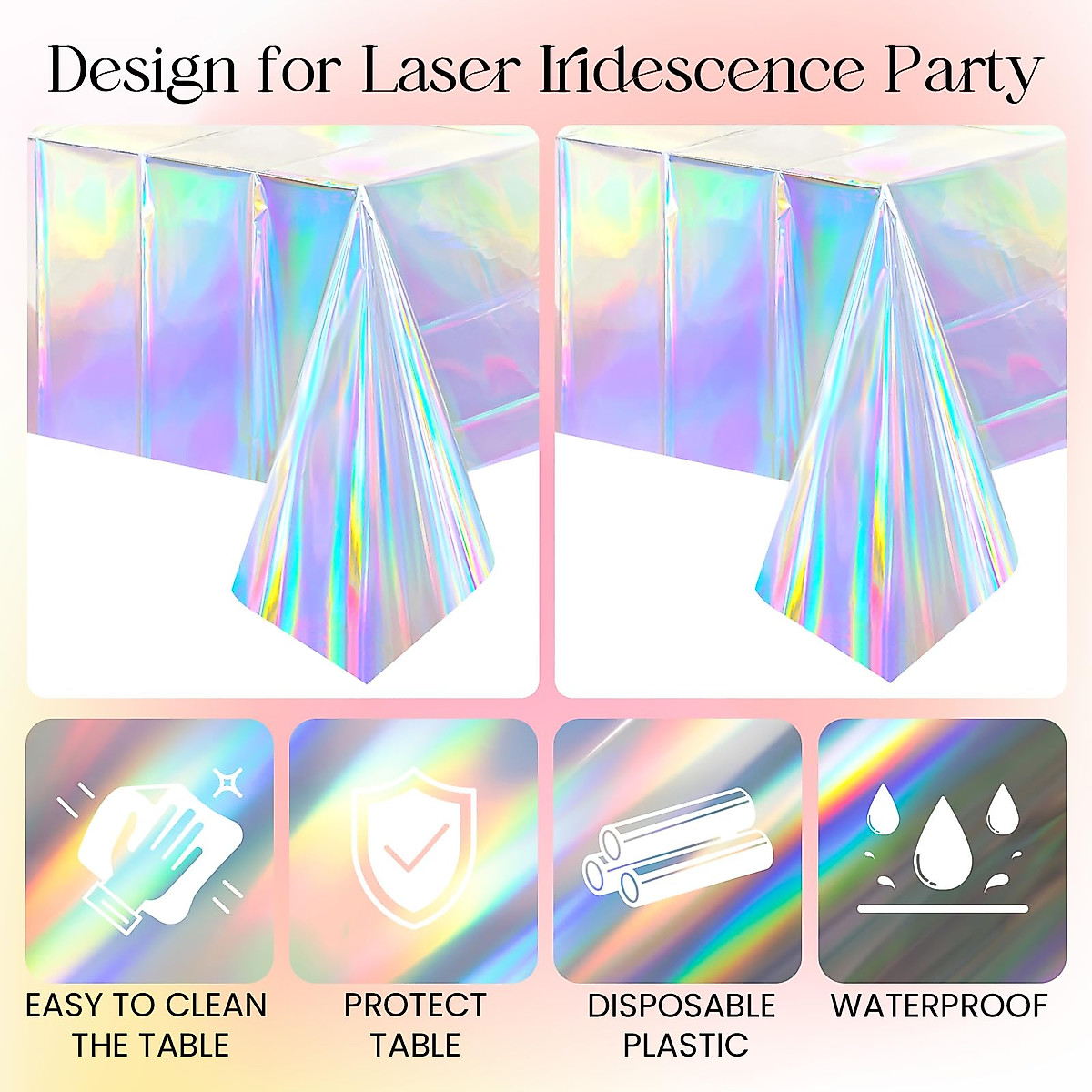 2 pcs Iridescence Holographic Foil Tablecloth 54*72 inch Laser Shiny Plastic Birthday Party Table Cloths Waterproof Table Cover for Christmas Wedding Bridal Shower Anniversary Party Supplies