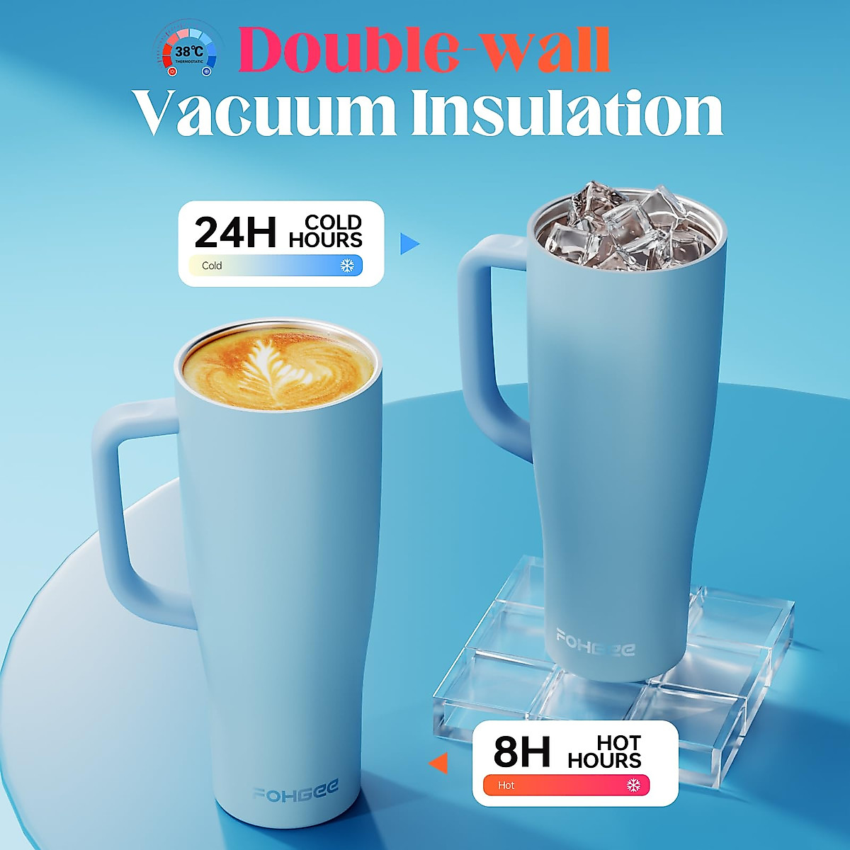 FOHGEE 40oz Tumbler with Handle and Straw Lid【Magnetic lid + Removable built-in straw】100% Leak-proof Travel Coffee Mug, Stainless Steel Insulated Cup, Keeps Cold for 24Hrs (ChillWave Sky Breeze)