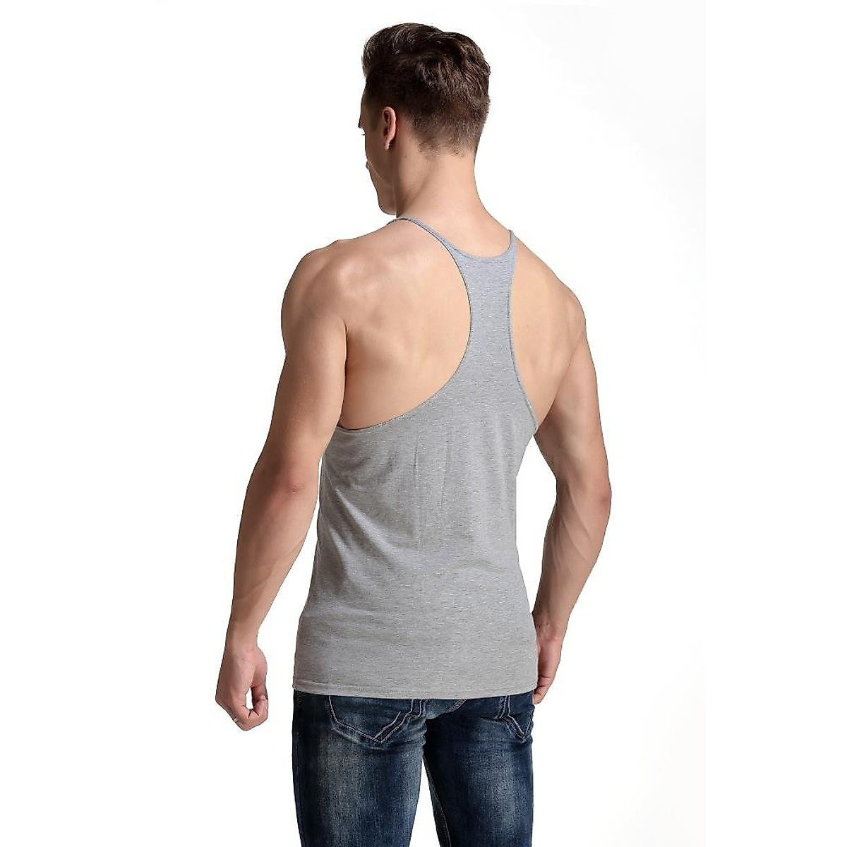 YAKER Men's Fitness Gym Tank Top Singlet Bodybuilding Stringers Sleeveless Muscle Shirt (L, Army Green)