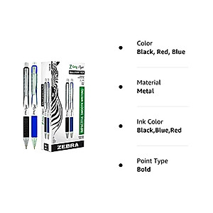 Zebra Pen Z-Grip Flight, Large Bulk Combo Pack of 6 BLACK INK & 6 BLUE INK Retractable Ballpoint Pen (Total of 12 Pens), Bold Point 1.2mm, ink pens