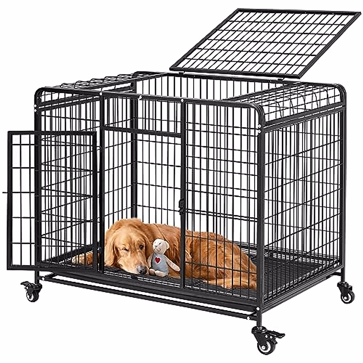 Azaeahom 43" Heavy Duty and Large Dog Crate Cage for Medium Large Dogs, High Anxiety Dog Kennel with Lockable Wheels & Removable Tray, Double Doors for Indoor Outdoor