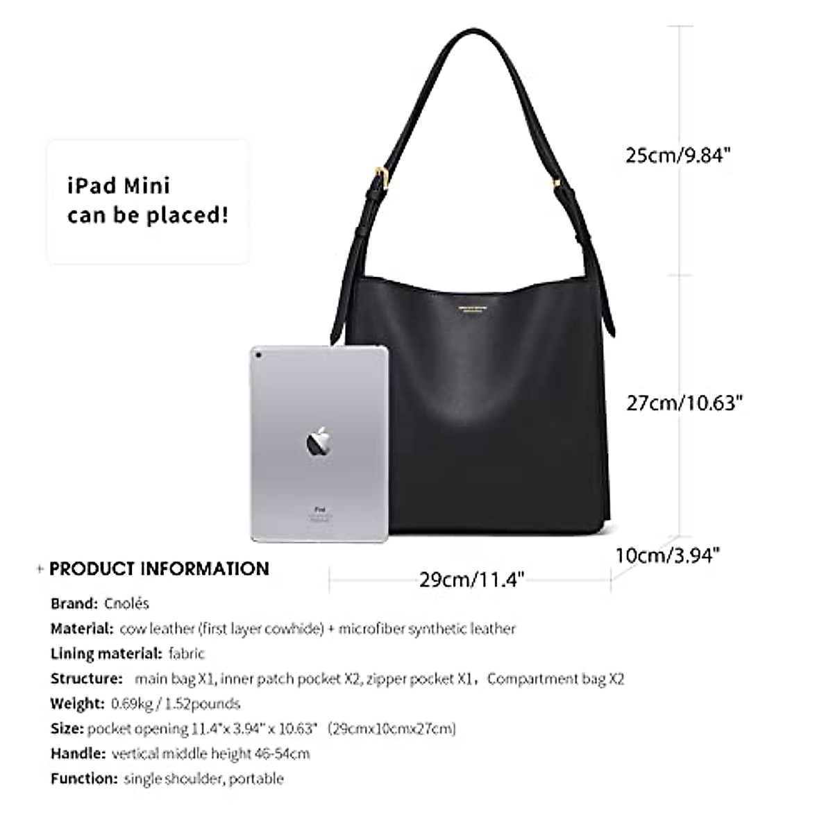 Cnoles Women Shoulder Bag Genuine Leather Tote Hobo Satchel Crossbody Bags Purse And Handbags for Women Black