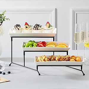 MALACASA 3 Tier Serving Trays for Party, Porcelain Serving Platters and Trays, 12 Inch Tiered Tray Stand, Fruit Tray, Trays for Serving Food, White Dessert Stand with Collapsible Sturdier Metal Rack