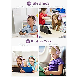 Picun Bluetooth Kids Headphones with Microphone, Cat Ear Wireless & Wired 85dB Volume Limited Multi-Function Girl Headphones, Built-in Flashing LED, Foldable for School Study Home Travel- Purple Pink