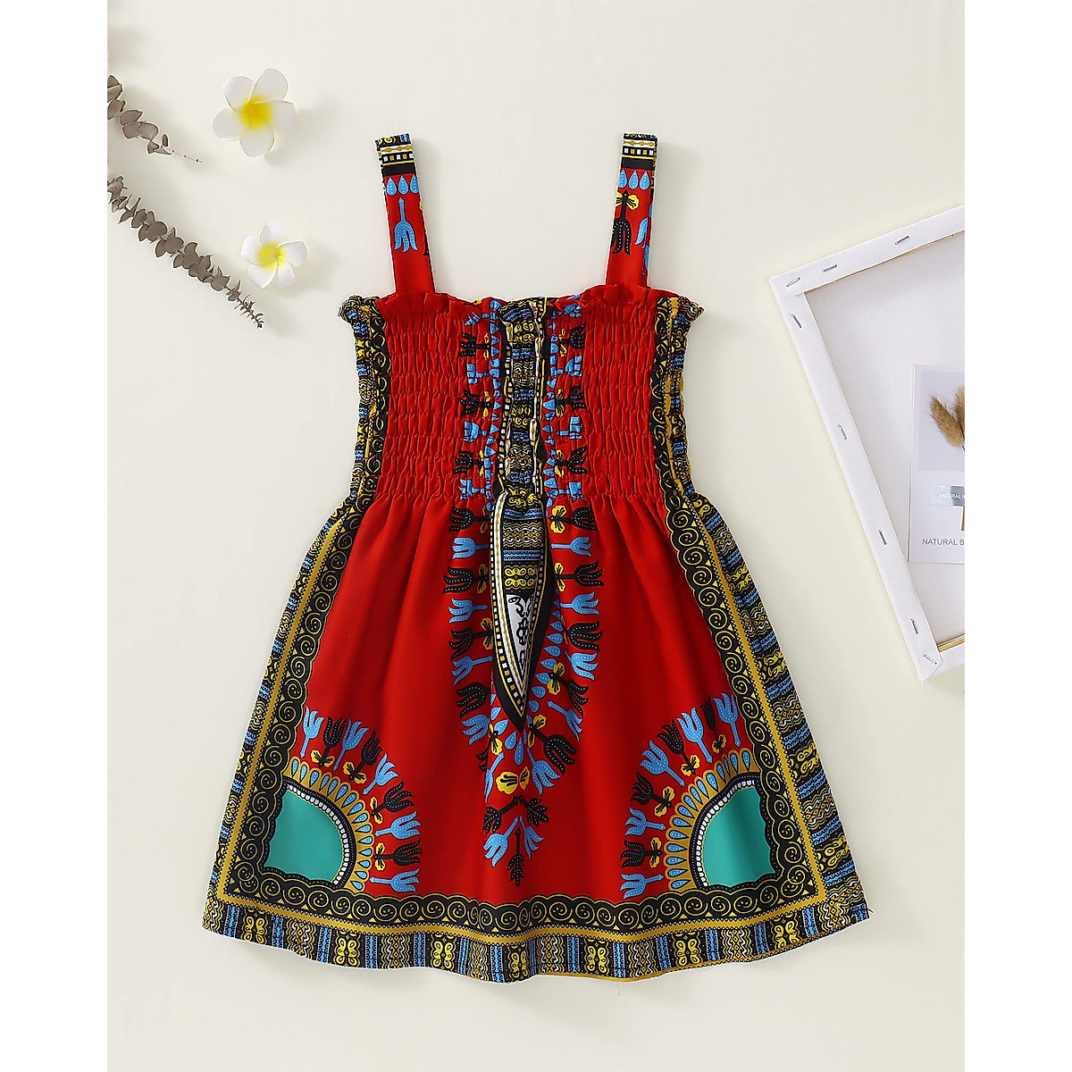 Kids Toddler Girls African Dress Dashiki Ankara Outfit Sleeveless Sling Smocked Dress Boho Baby Girl Clothes (5-6X, red)