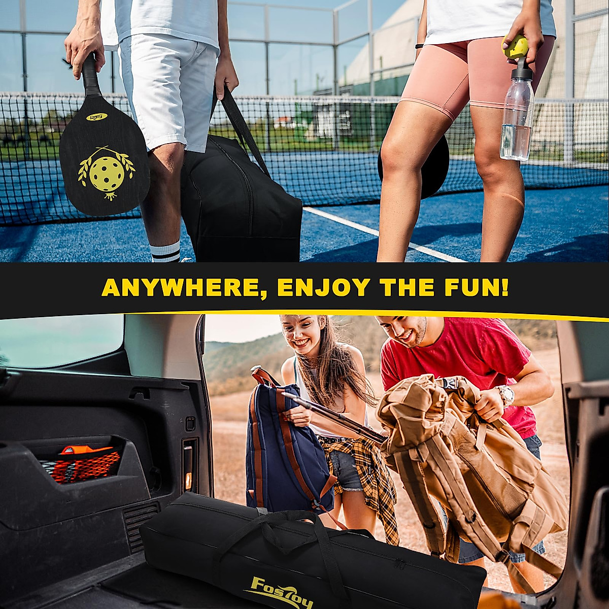 Fostoy Pickleball Set with Net, 17FT Portable Pickleball Net, 36-61in Adjusts All in one Pickleball Badminton Net Set with Pickleball Paddles and Badminton Rackets for All-Weather for Indoor Outdoor