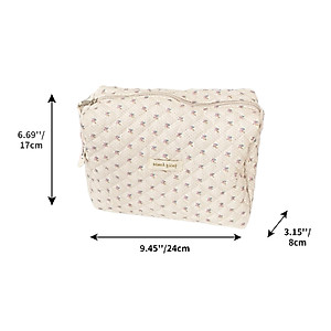 BILIPOPX 2 Pack Kawaii Cute Makeup Bag Aesthetic Travel Quilted Cotton Cosmetic Bag Organizer Toiletry Pouch for Women Teen Girls (Beige Floral)